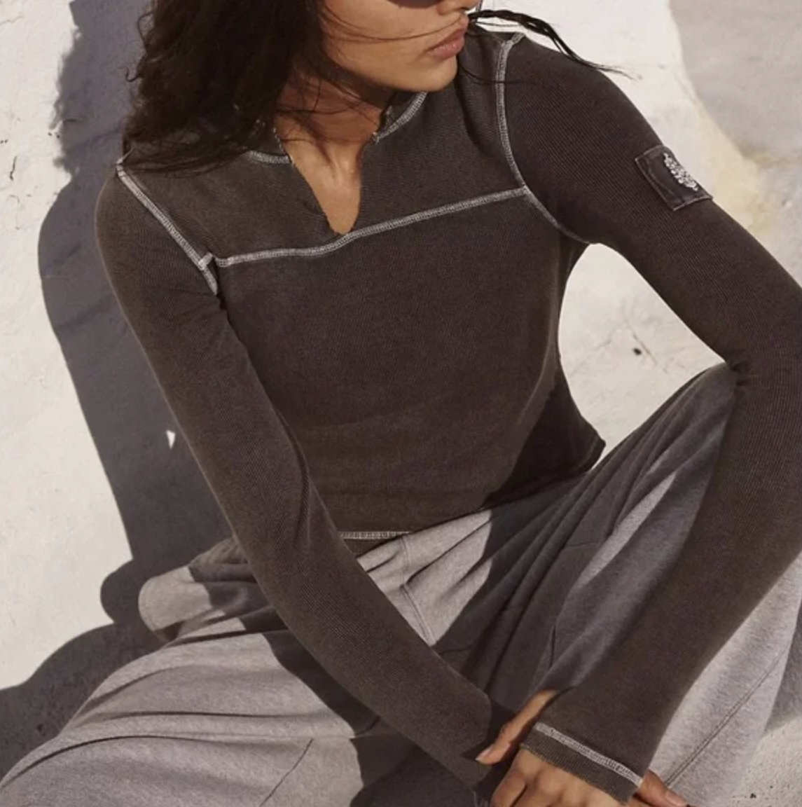 Free People Movement Washed Black Ribbed Notched Neck Good Sport Layer ...